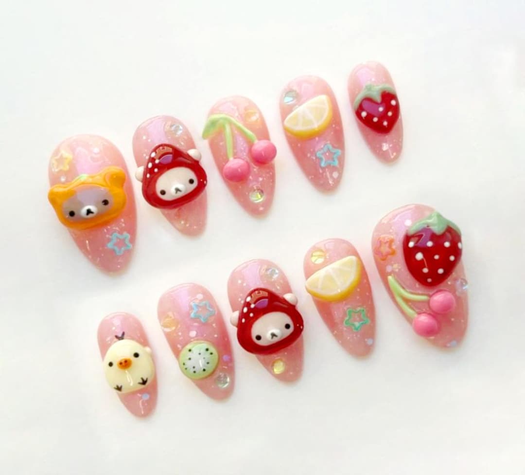 Sweet Pink Strawberry Press on Nails, Elegant Fake Nails, Handmade ...
