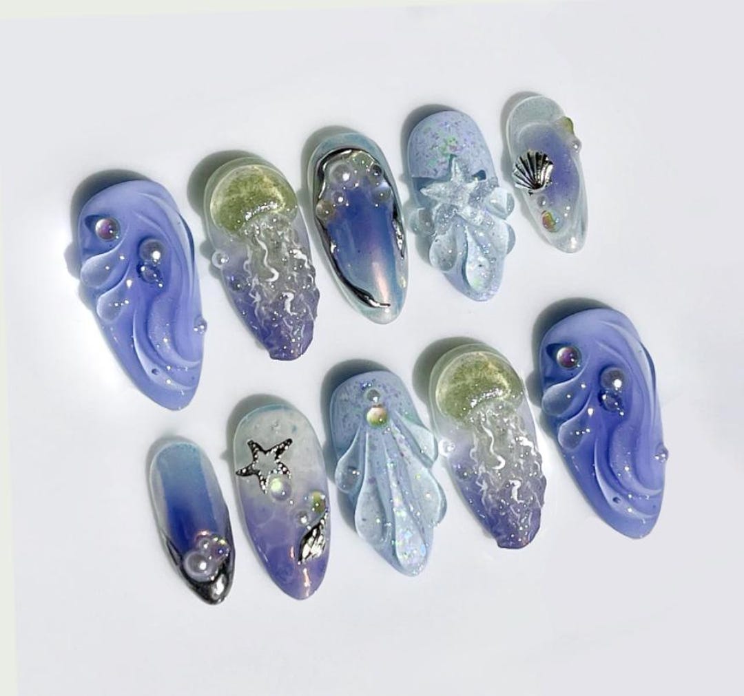 Ocean Jellyfish 3D Gel Press-on Nails, Handmade Summer Sea Style Y2k ...