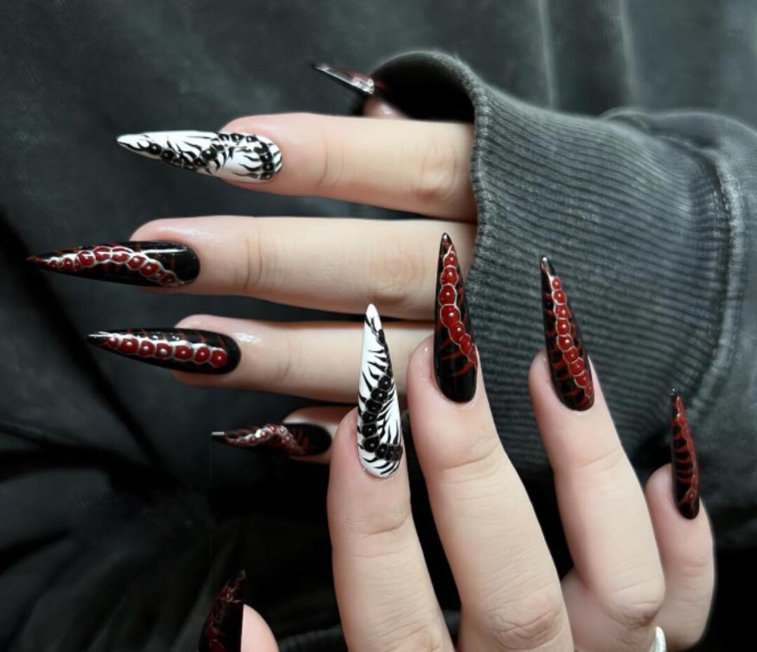 Unique Red Centipede Press-on Nails, Halloween Black Custom Acrylic ...