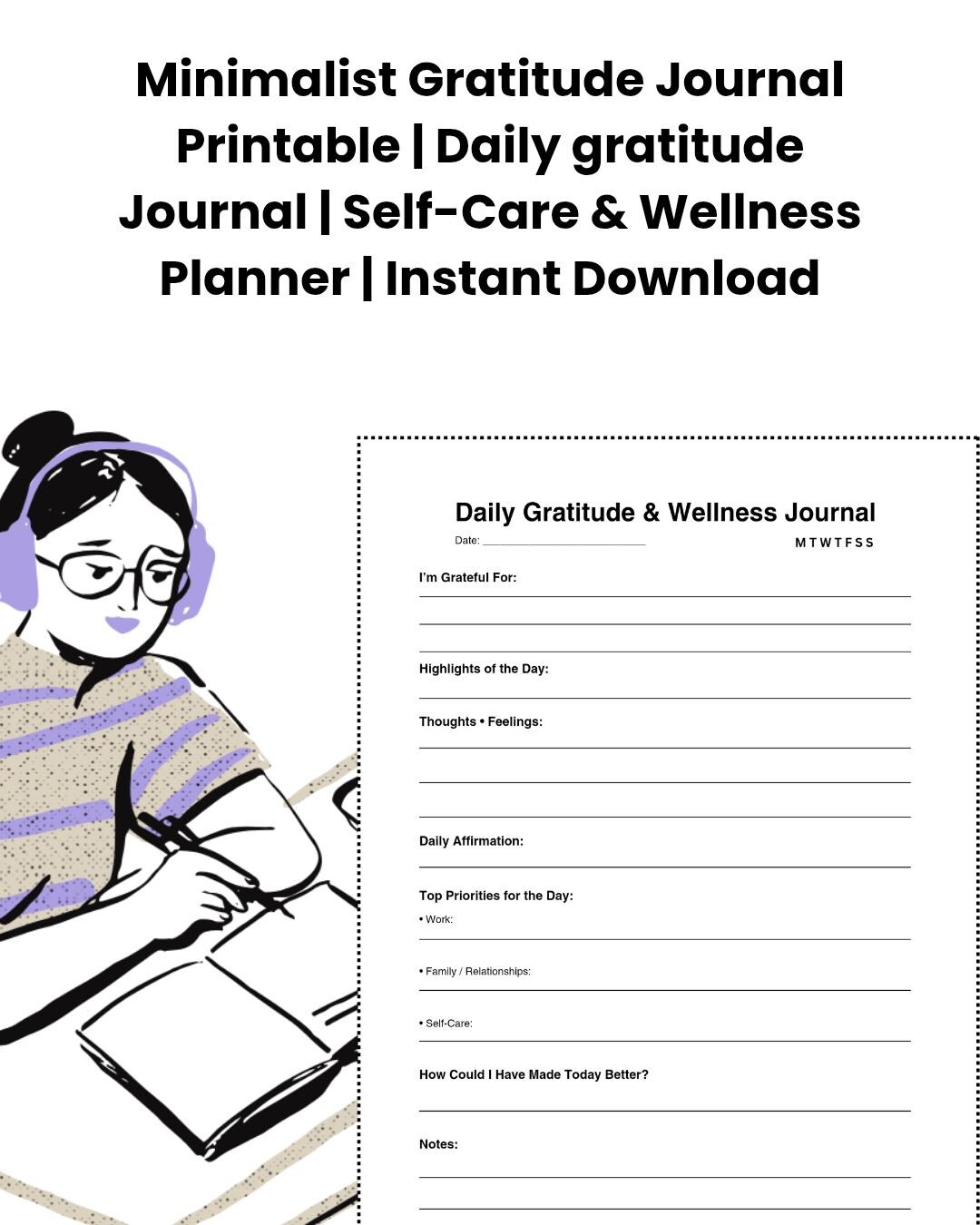 Minimalist Gratitude Journal Printable: Daily Self-care (A4 PDF ...
