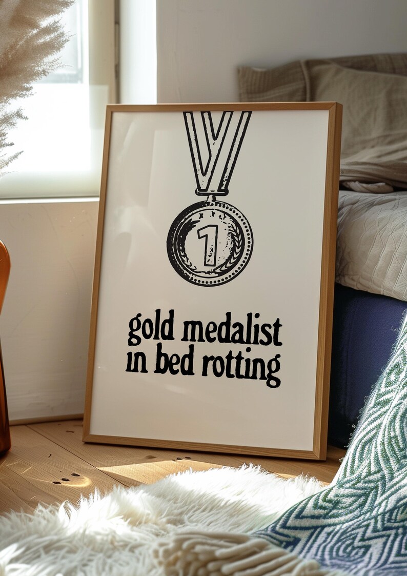 Gold Medalist in Bed Rotting Art Print: Funny Bedroom Decor (digital ...