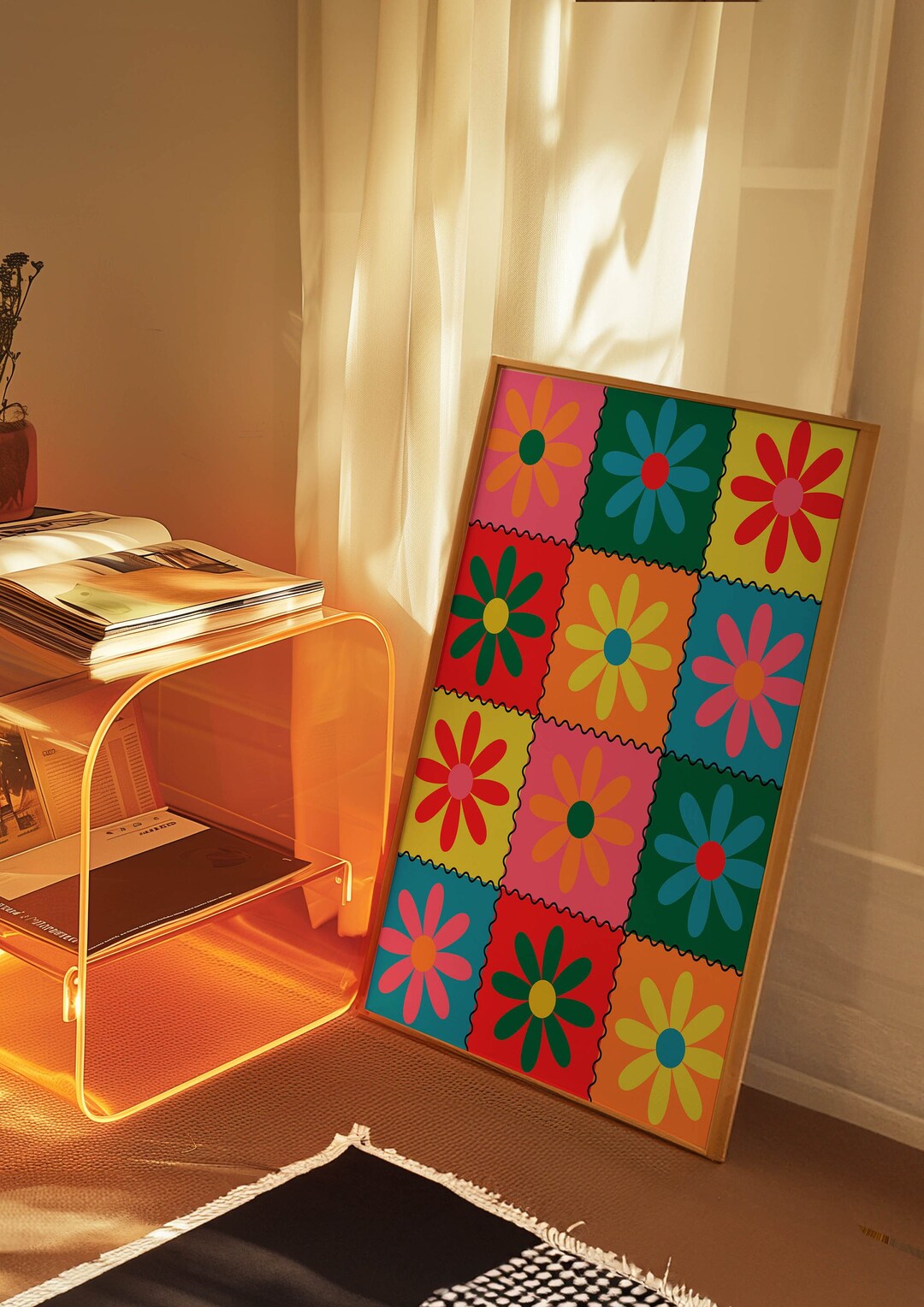 Retro Flowers Digital Print Checkered Home Decor Aesthetic Bedroom Wall ...