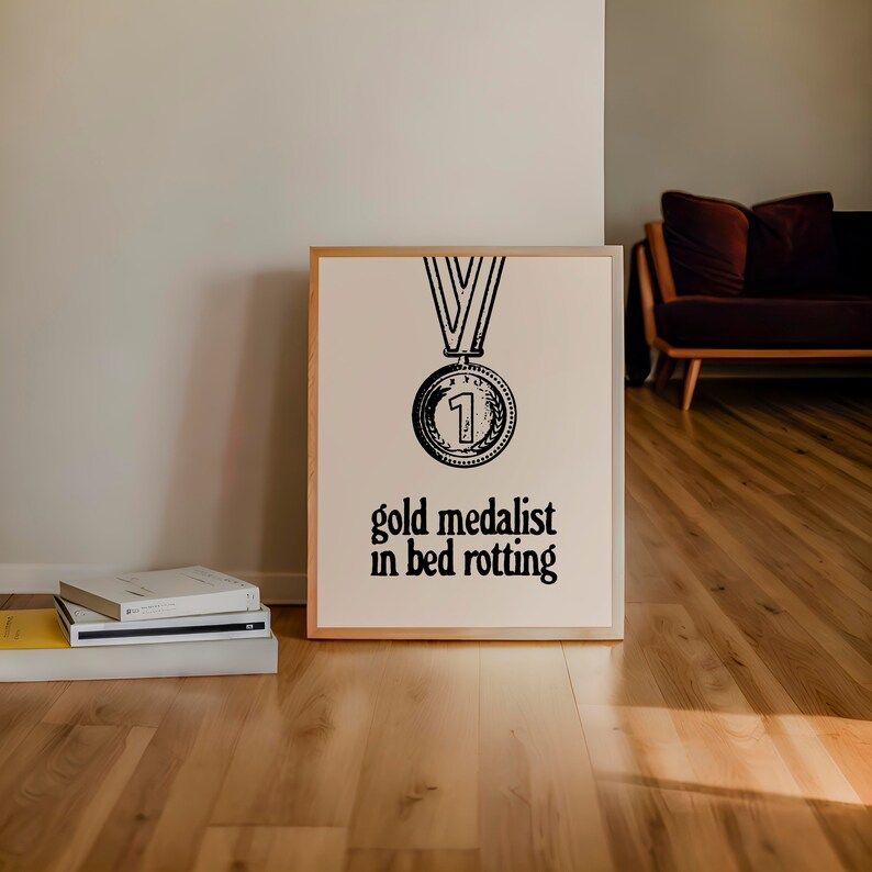 Gold Medalist in Bed Rotting Art Print: Funny Bedroom Decor (digital ...