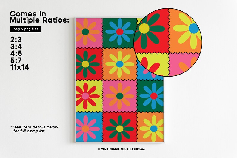 Retro Flowers Digital Print Checkered Home Decor Aesthetic Bedroom Wall ...