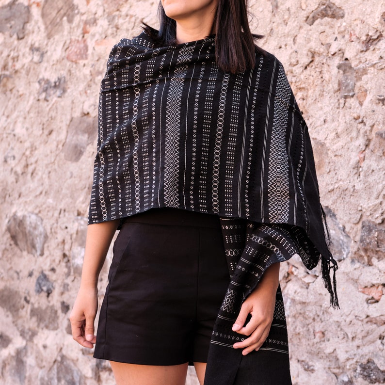 Cotton and Silk Rebozo Woven on a Pedal Loom/ Mexican Black Rebozo With ...