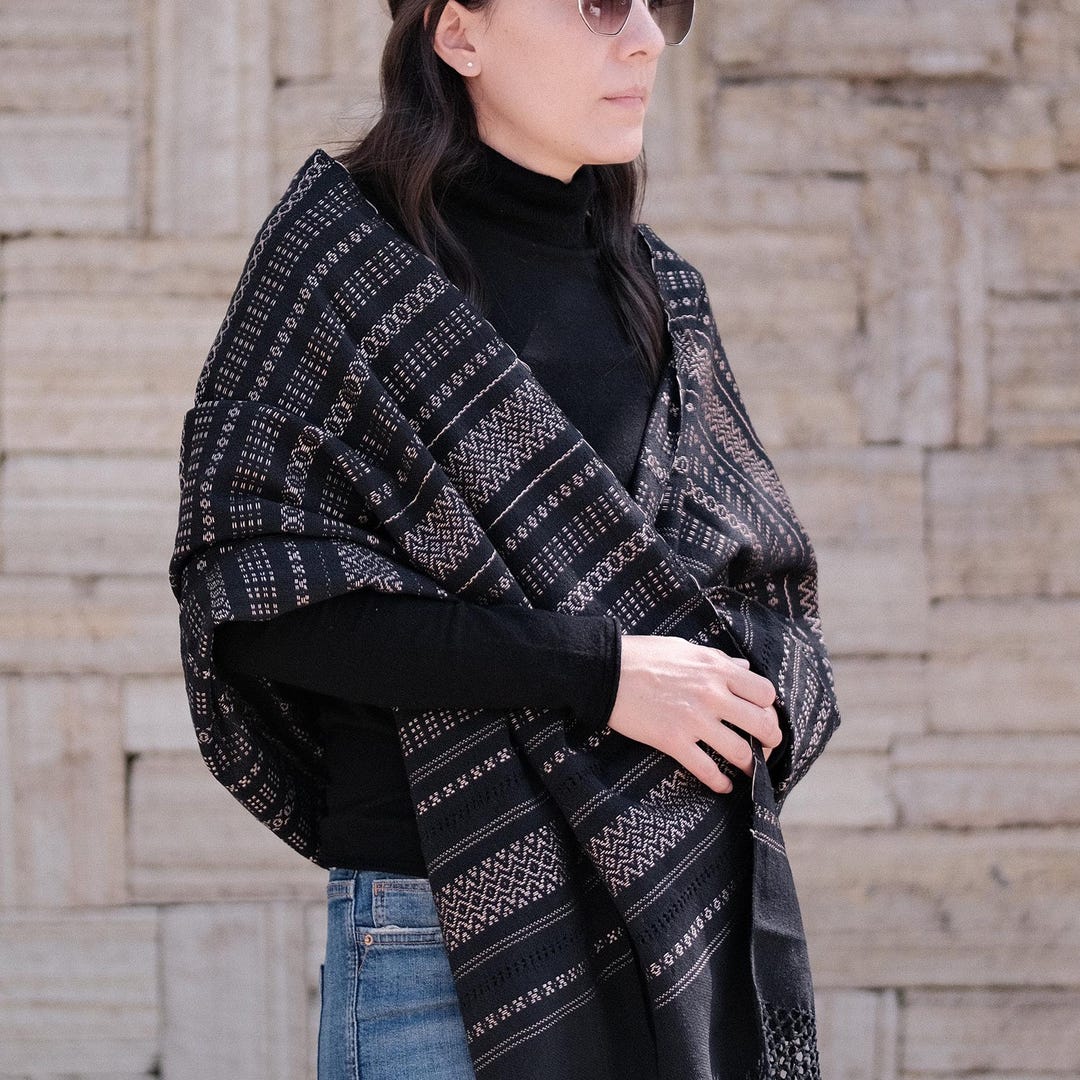 Cotton and Silk Rebozo Woven on a Pedal Loom/ Black Rebozo With Mexican ...