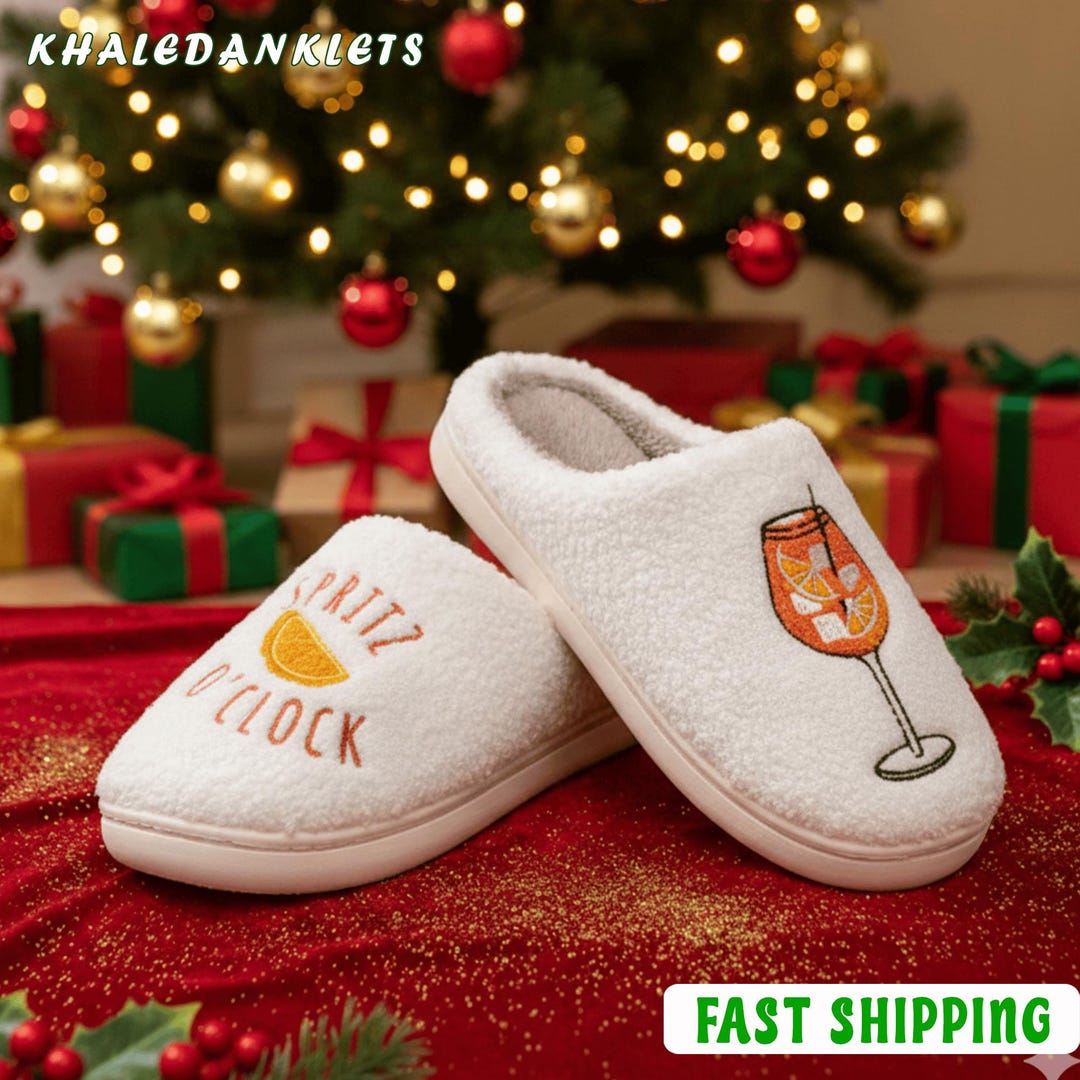 Spritz O'clock Fluffy Slippers, Embroidered Cocktail House Shoes, Cozy ...
