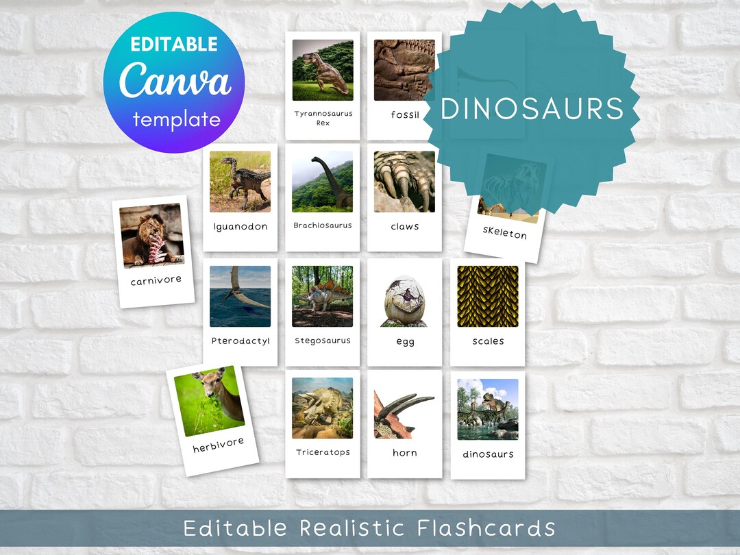 Dinosaurs Editable Flashcards for Canva, DIY Flashcards for Any ...