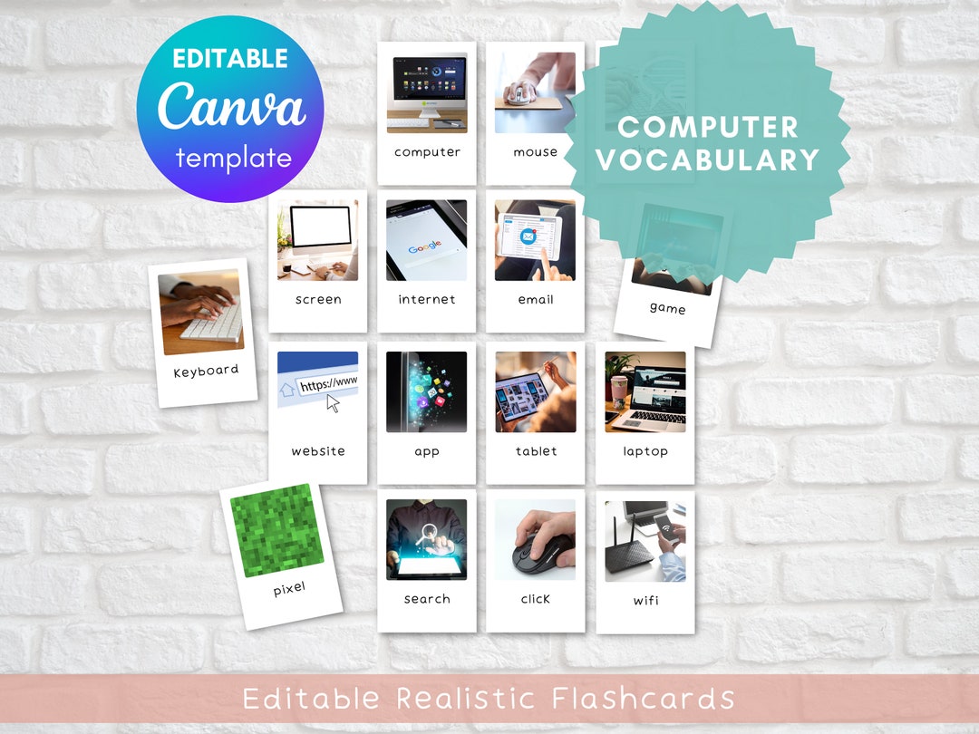 Computer Vocabulary Editable Flashcards for Canva, DIY Flashcards for ...