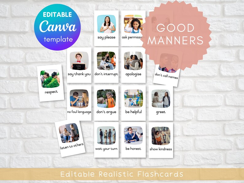 Good Manners Editable Flashcards for Canva, DIY Flashcards for Any ...