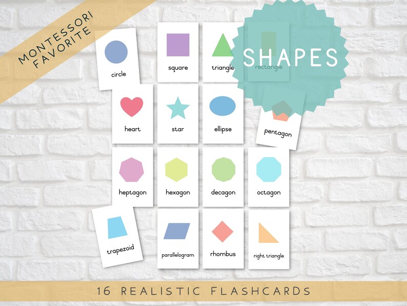 16 Shapes Flashcards for Kids With Vibrant Pictures, Montessori ...