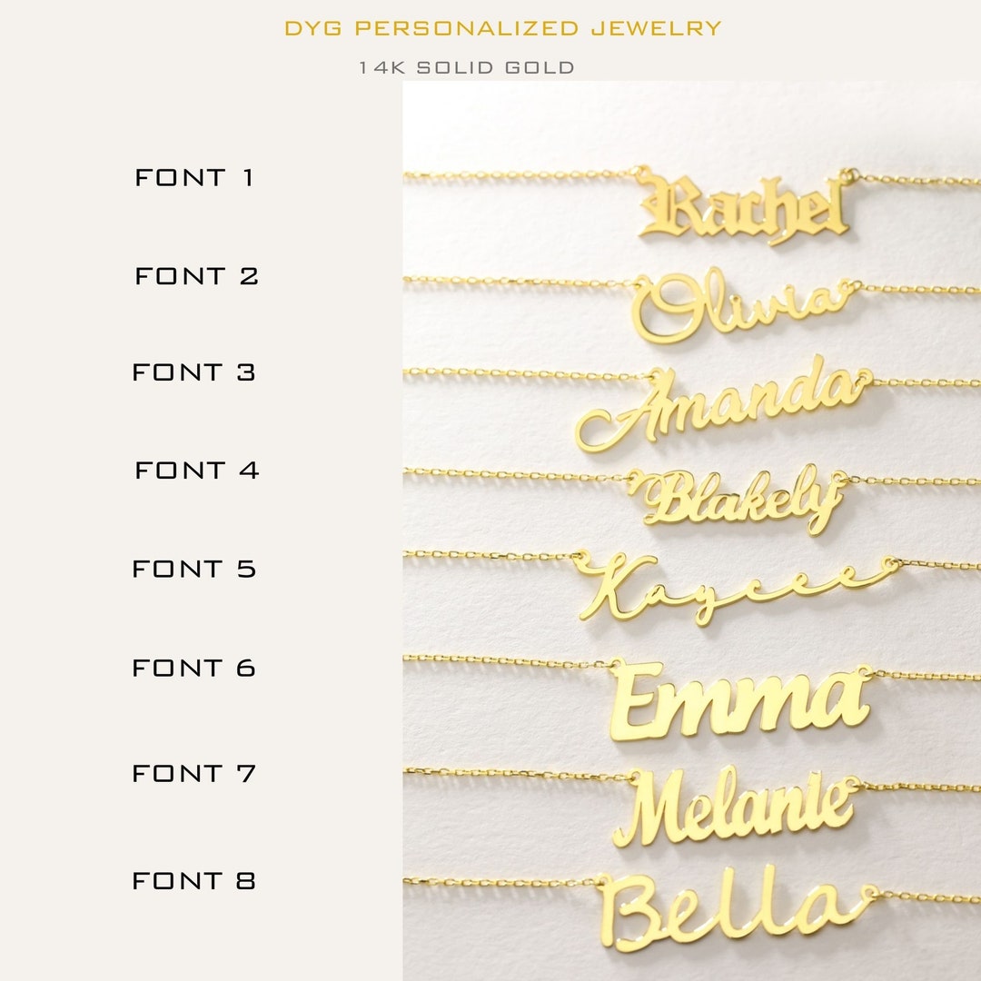 14K Solid Gold Nameplate Necklace, Name Necklace With Font Selection ...