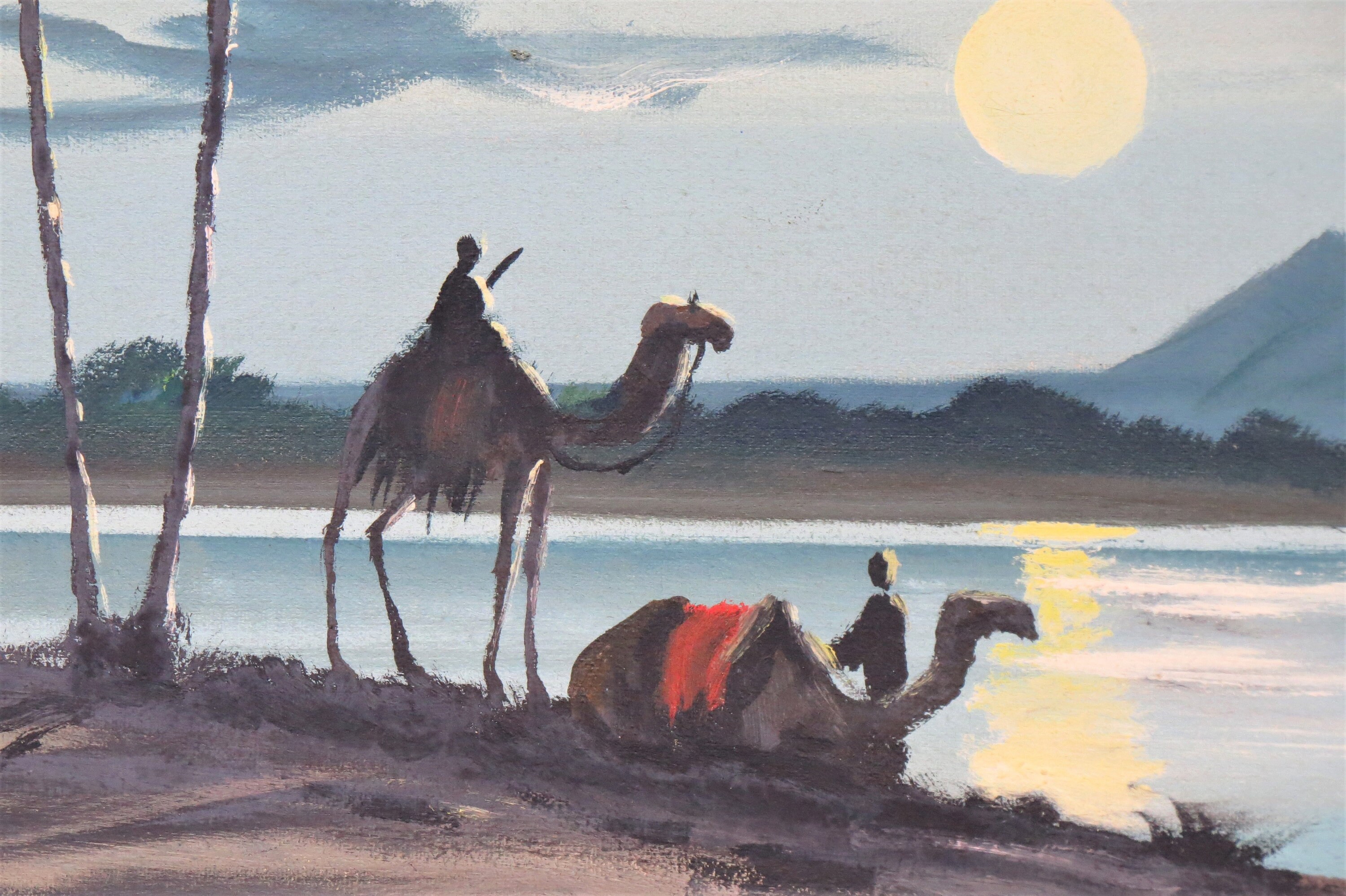 Vintage Impressionist Oil Painting of Camel Riders Relaxing by the ...