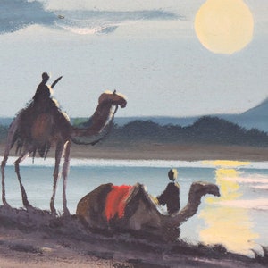 Vintage Impressionist Oil Painting of Camel Riders Relaxing by the ...