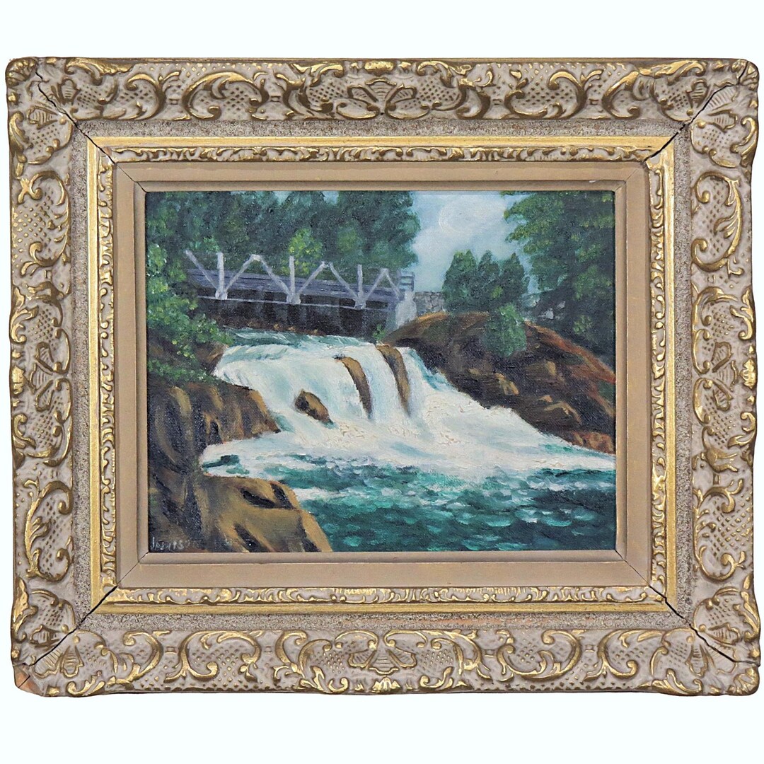 Jamison - Vintage Oil Painting Depicting a Small Bridge Over a ...
