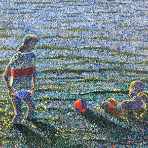Pointillist Oil Painting Depicting a Mother and Child Taking a Swim. - Etsy