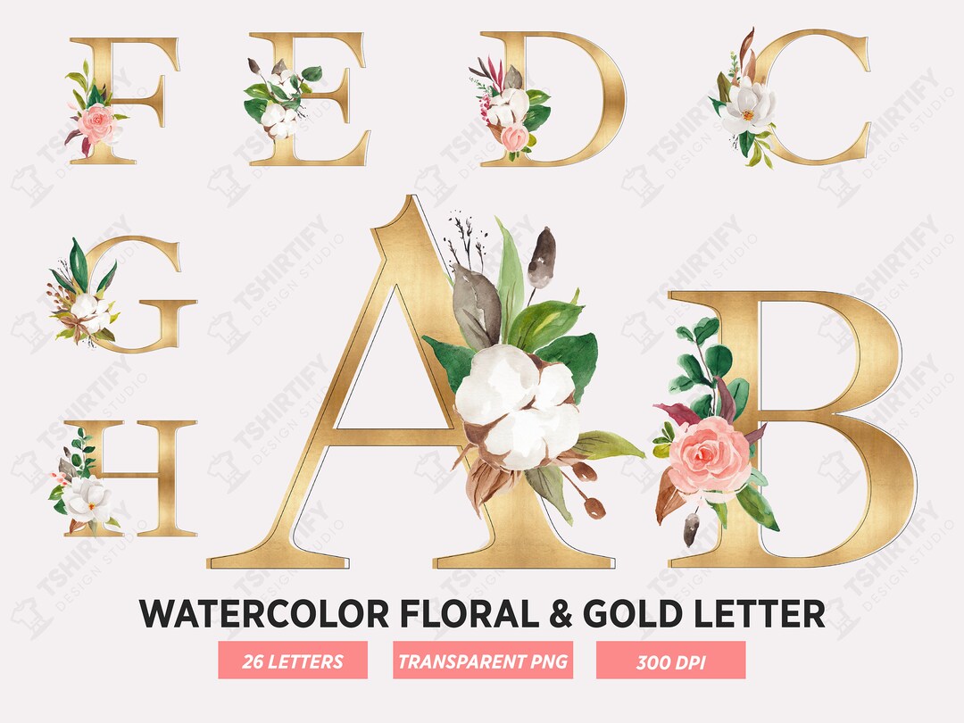 Watercolor Floral Golden Letters Alphabet, Wedding Alphabet, Boho ...