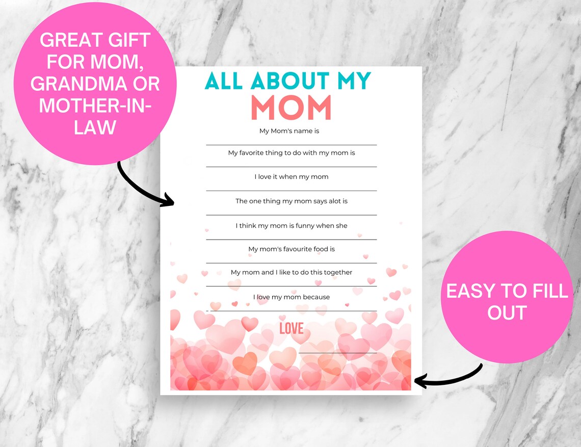 All About Mom Questionnaire Mother's Day Fill-in-the-blank, All About ...