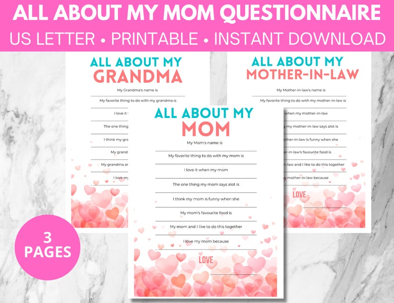 All About Mom Questionnaire | Mother's Day Fill-in-the-blank, All About ...
