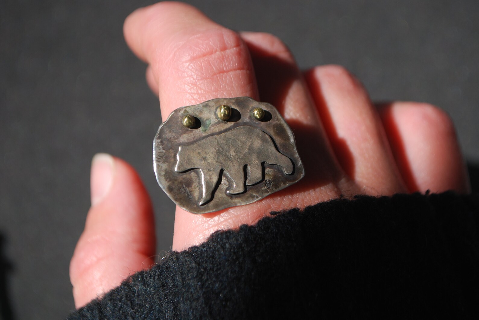 Handmade Mixed Metal Bear Ring. Rustic Animal Jewelry Gift. Large Bear ...