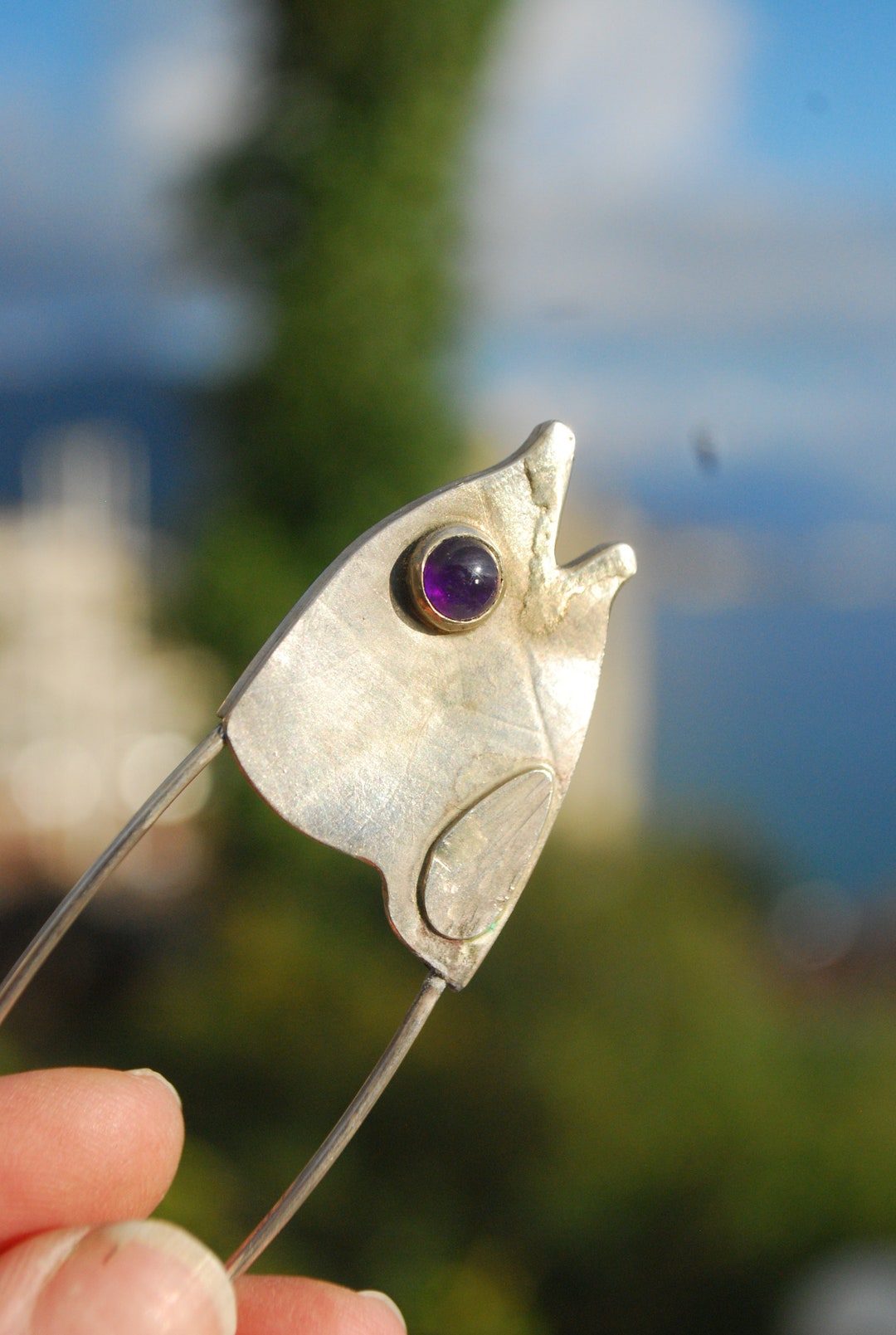 Amethyst Fish Silver Safety Pin. February Birthstone Fish Brooch ...