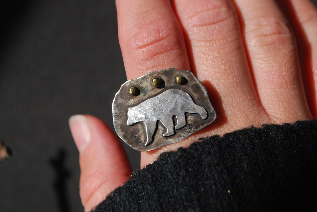 Handmade Mixed Metal Bear Ring. Rustic Animal Jewelry Gift. Large Bear ...