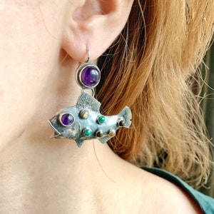 Whimsical Handmade Sterling Silver Fish Earrings With Natural Stones ...