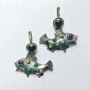 Whimsical Handmade Sterling Silver Fish Earrings With Natural Stones ...