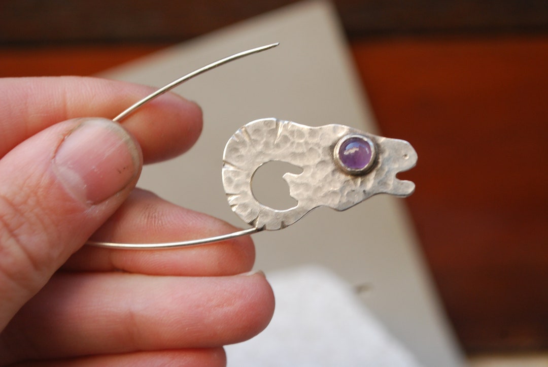 Silver Aries Brooch, Large Safety Pin Silversmith Amethyst Coat Pin ...