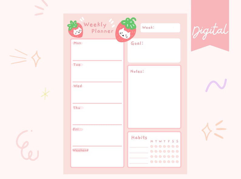 Strawberry Weekly Planner Printable, Download and Print at Home, Cute ...