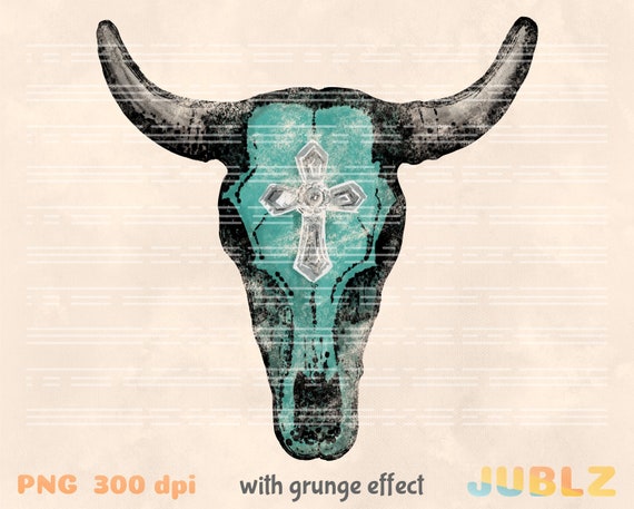 Turquoise Bull Skull With Cross Png Bull Skull Cross Design - Etsy