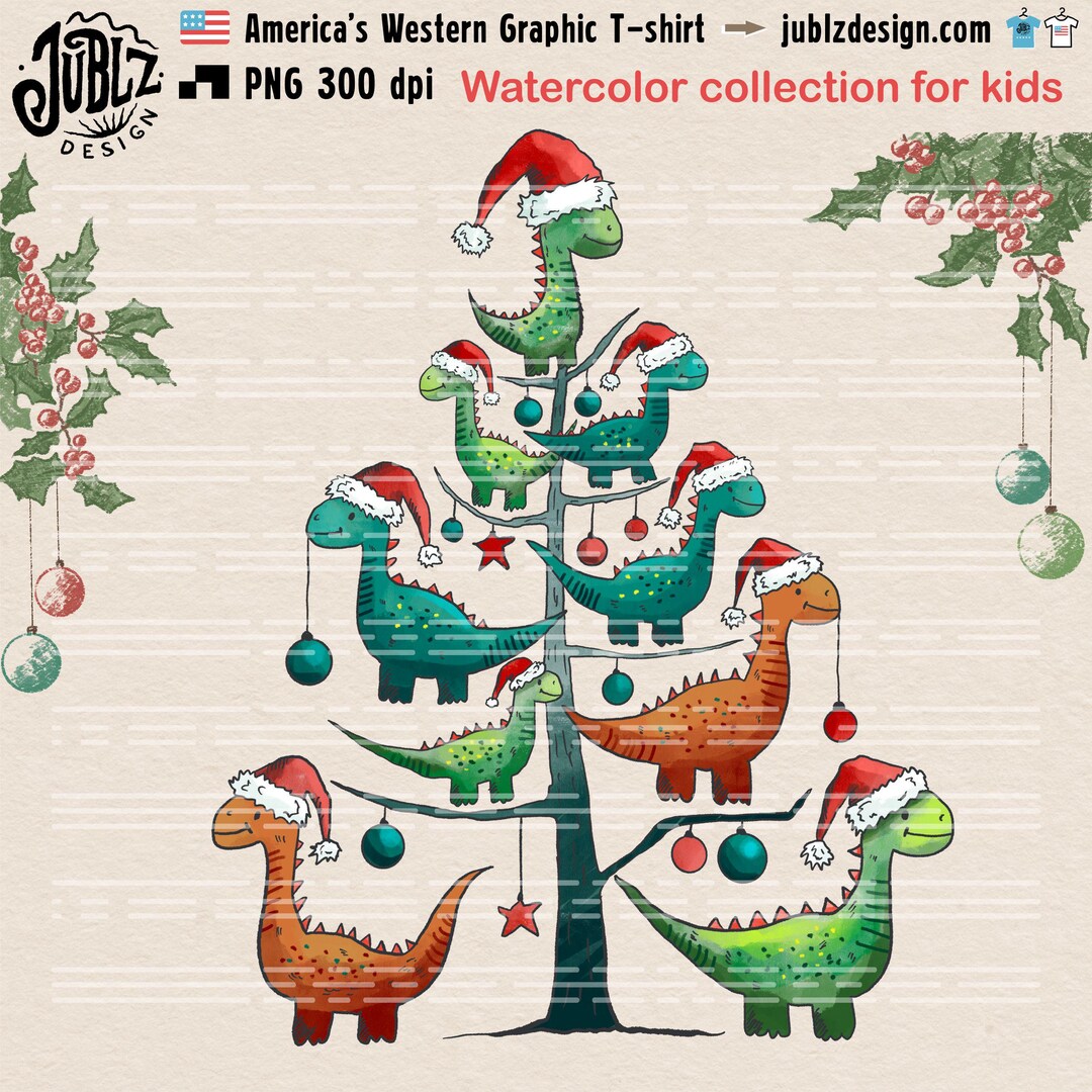 Watercolor Dinosaurs Christmas Tree PNG: Festive Dino Art (digital ...