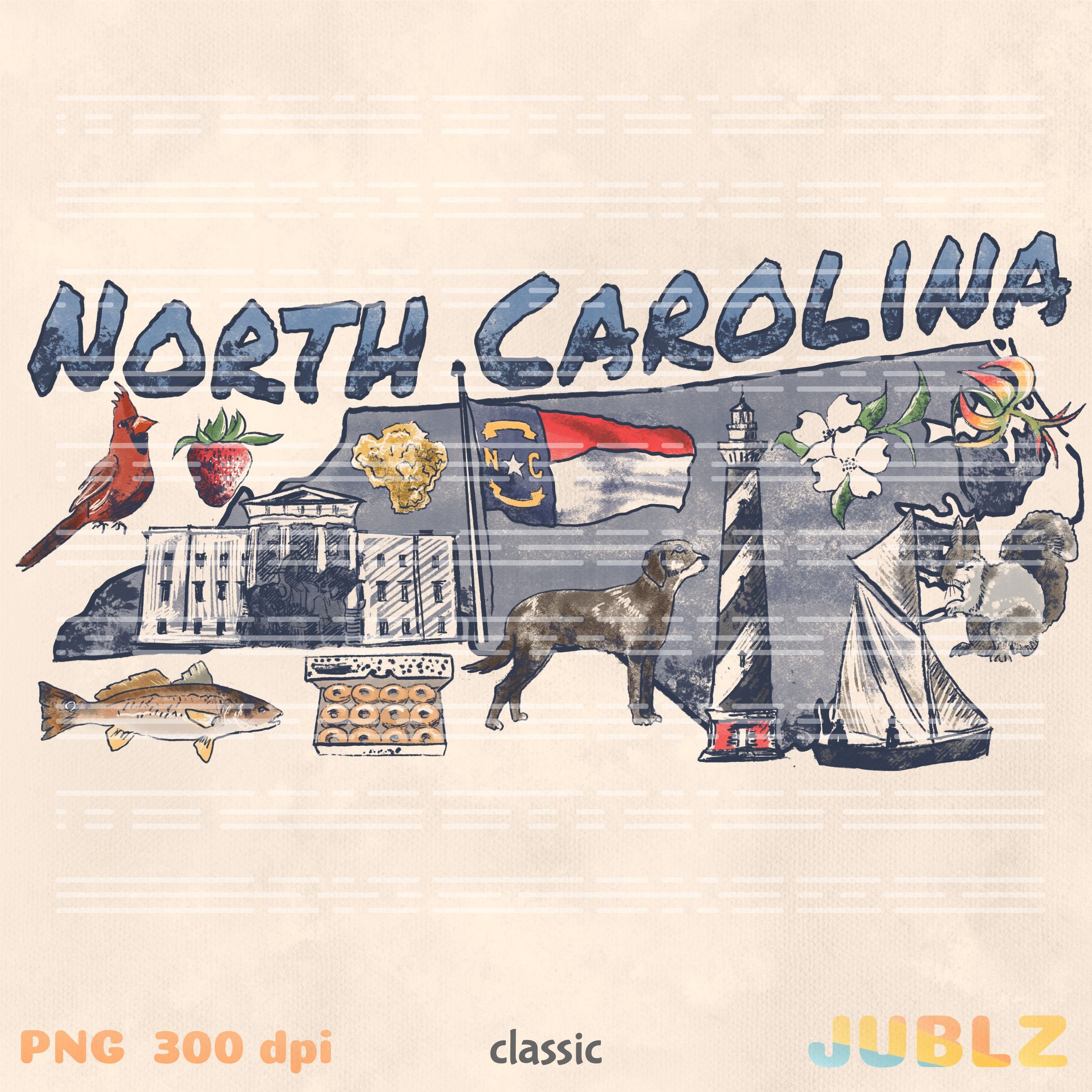 North Carolina Retro Symbols PNG: Grunge State Design (digital Download ...