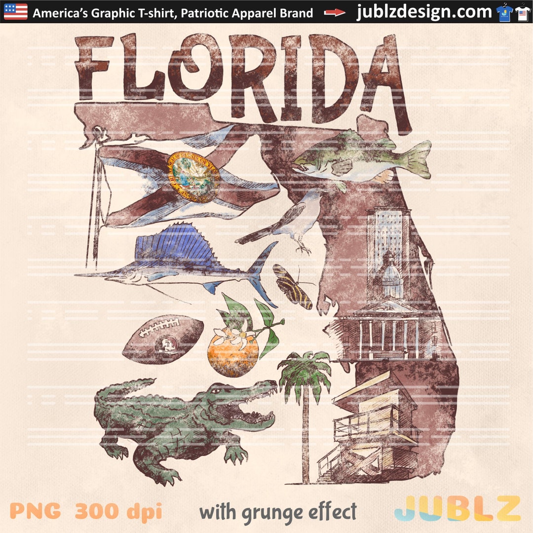 Retro Florida Symbols PNG: Grunge State Design (digital Download) - Etsy