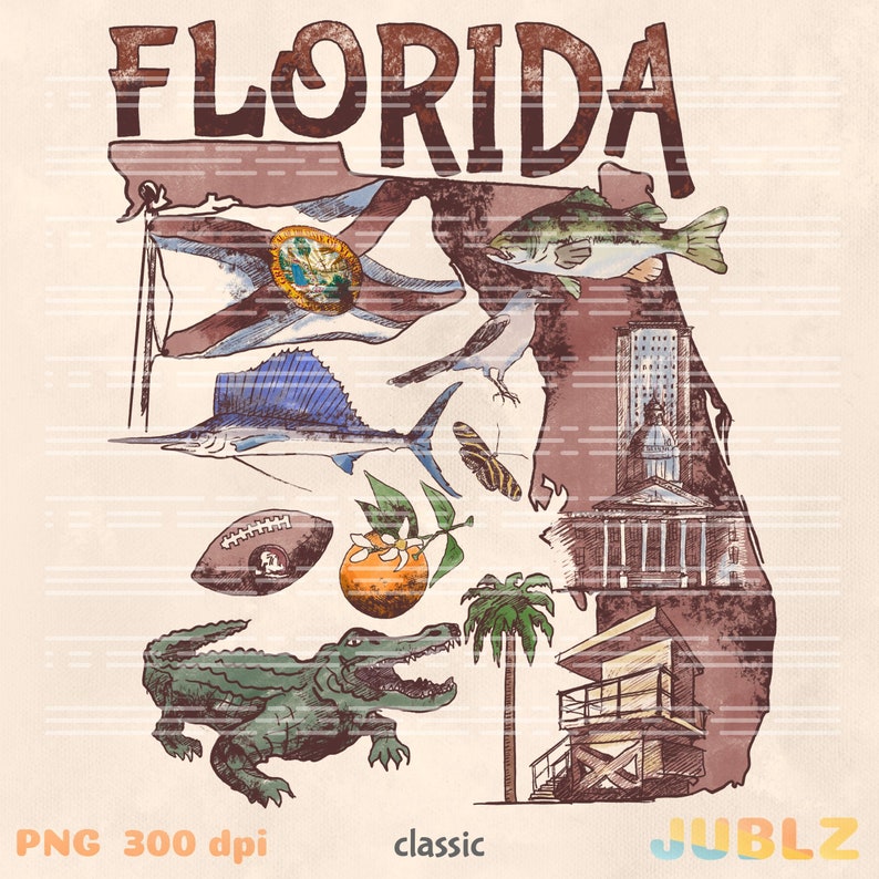 Retro Florida Symbols PNG: Grunge State Design (digital Download) - Etsy