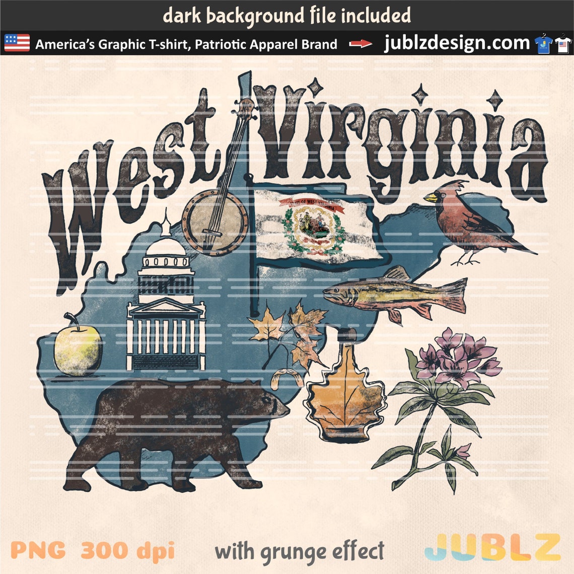 West Virginia State Symbols PNG: Retro Grunge Design (digital Download ...