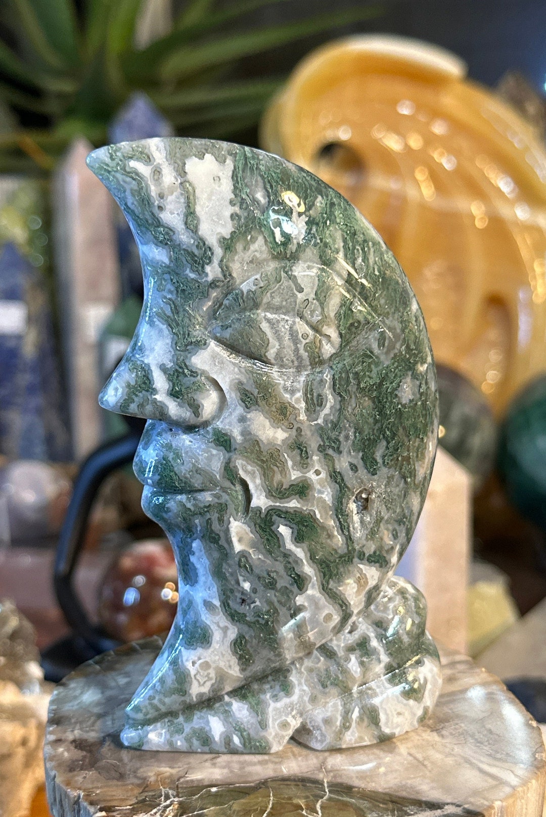 Hand Carved Moss Agate Crystal Moon Face! - Etsy