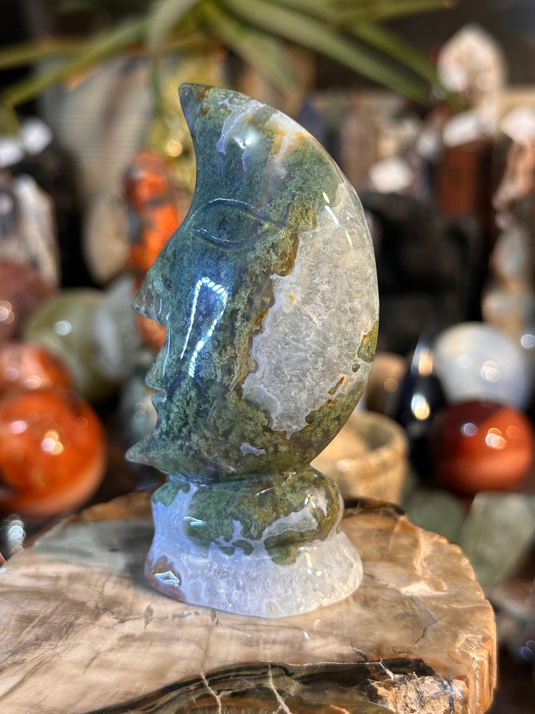 Hand Carved Moss Agate Cresent Moon Face - Etsy