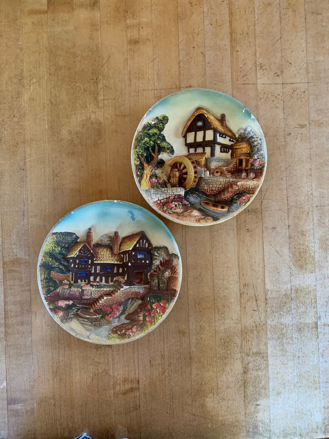 Legendware Hand Painted Village Wall Plaques 3D Chalkware Set of 2 - Etsy