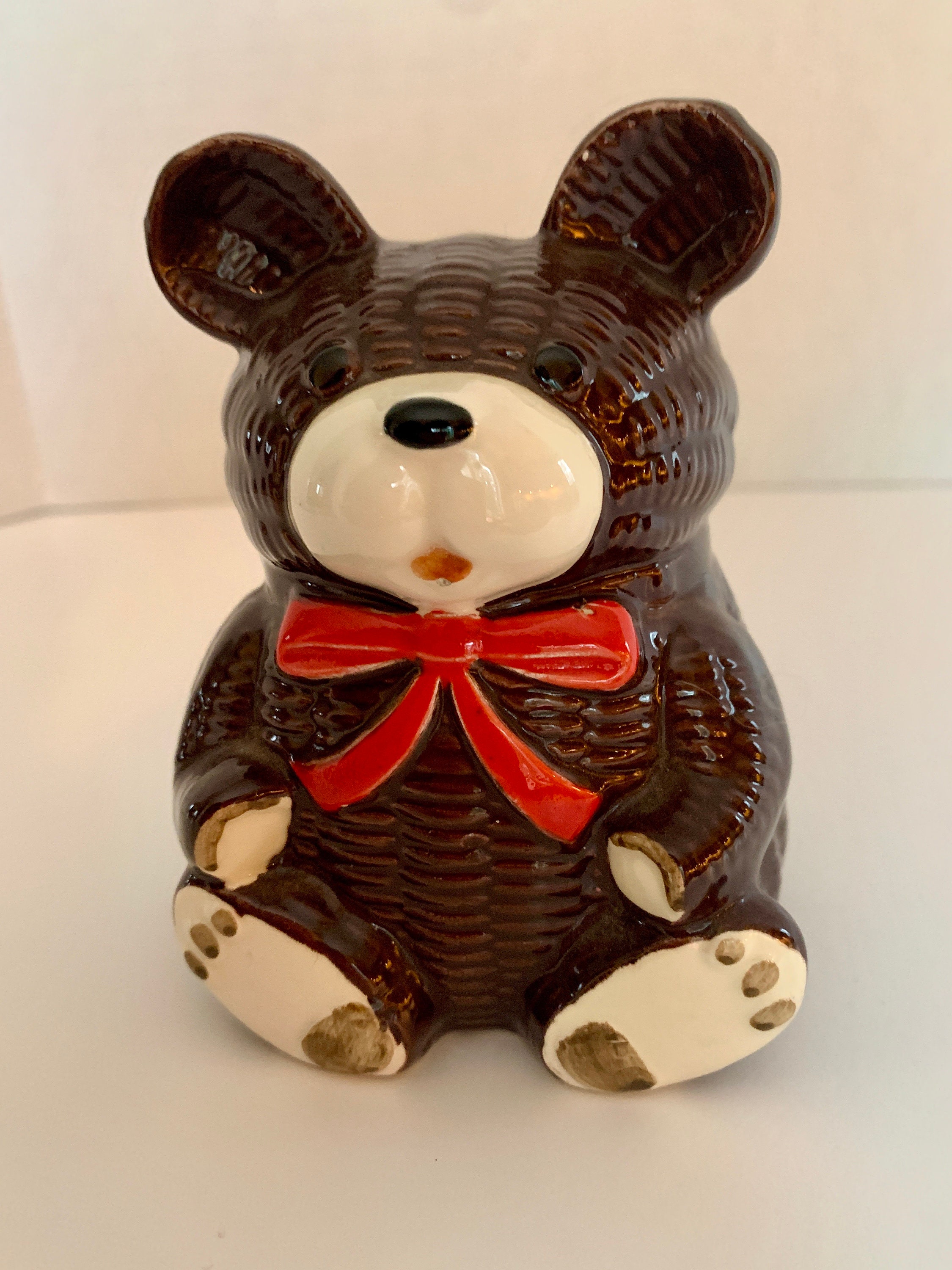 Ceramic Teddy Bear Bank Brown With Red Bow - Etsy