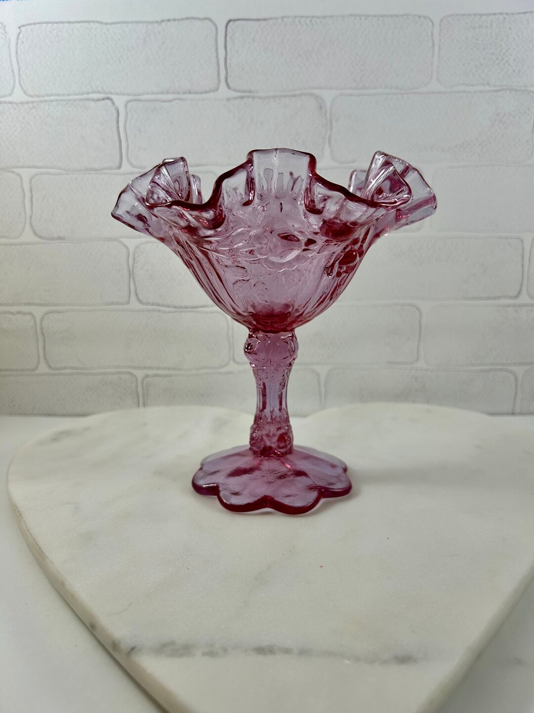 Fenton Pink Cabbage Rose Compote/candy Dish Ruffled Edge - Etsy