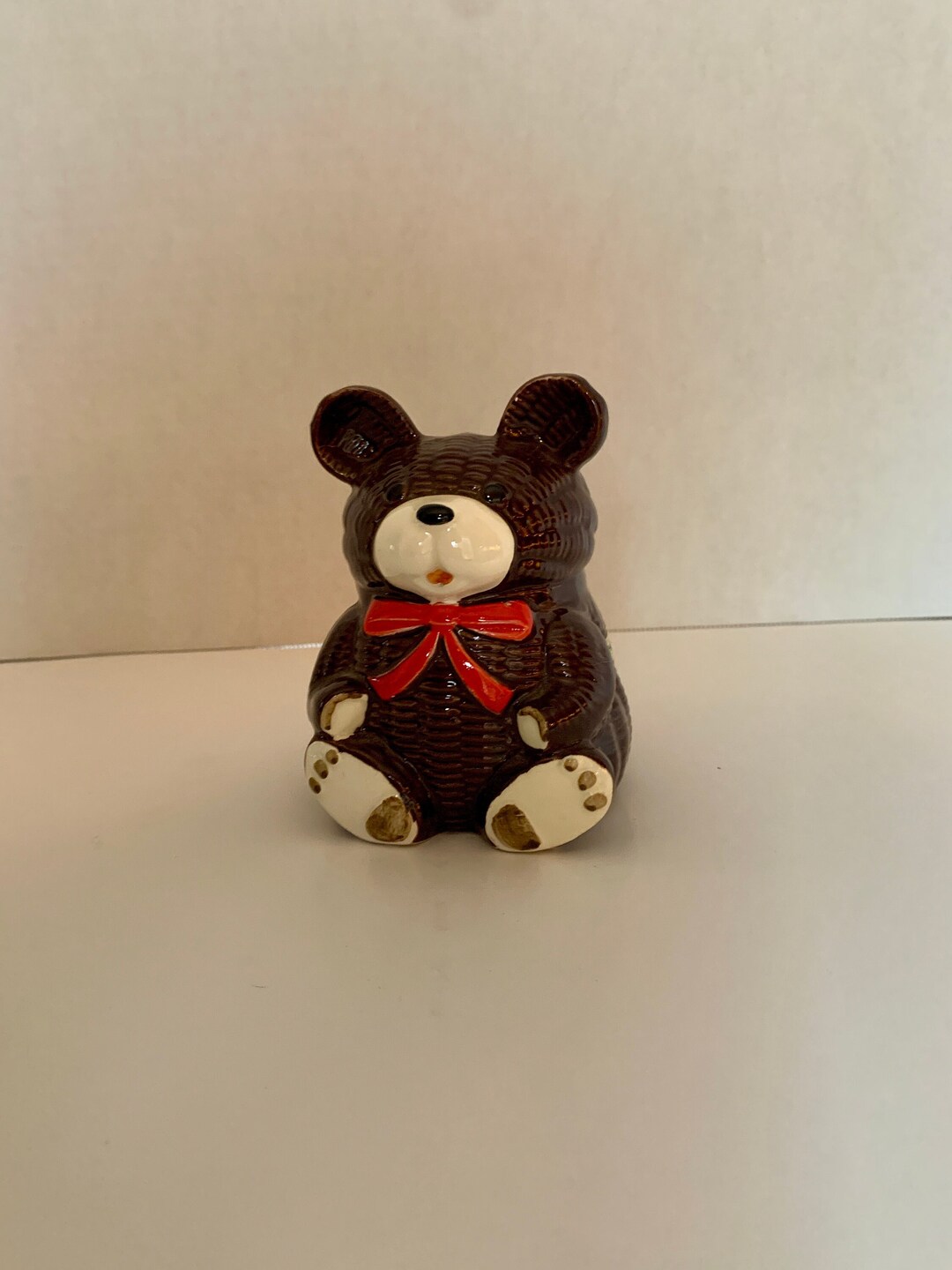 Ceramic Teddy Bear Bank Brown With Red Bow - Etsy