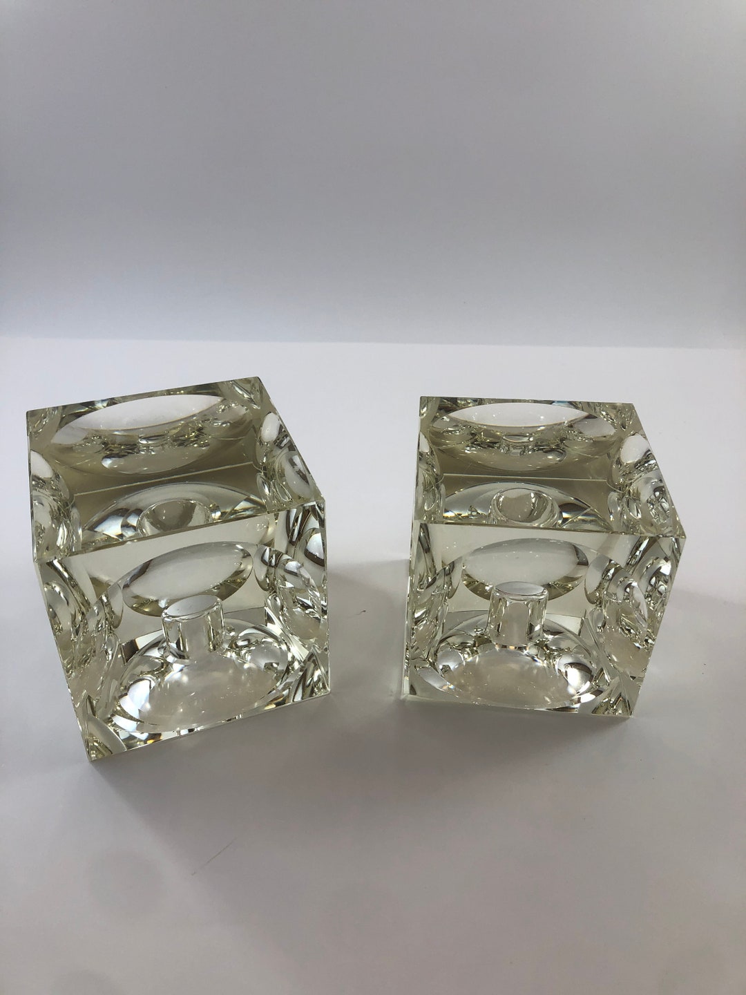 MCM Set of 2 Heavy Glass Cube Candle Holders Optic Glass ICE CUBE ...