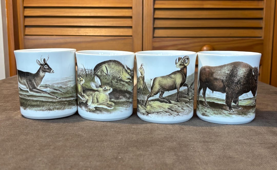 4 Horchow Mugs Fine Bone China, Ram, Rabbit, Buffalo, Deer (set of 4 ...