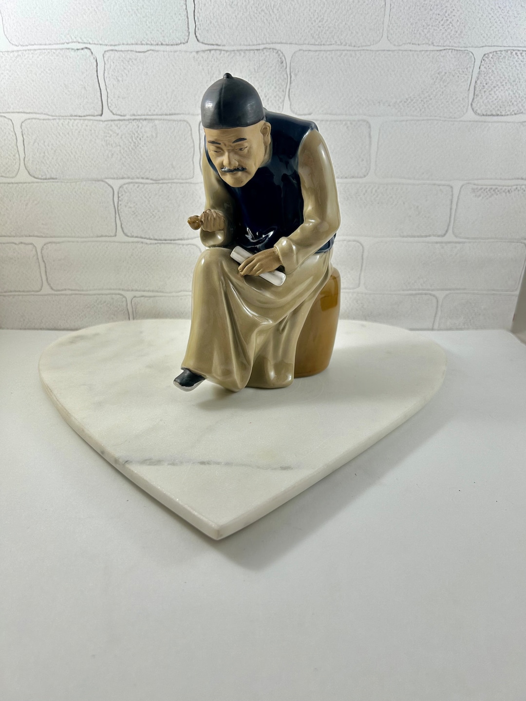 Vintage Art Ceramic Chinese Man With Pipe Glazed Statue - Etsy