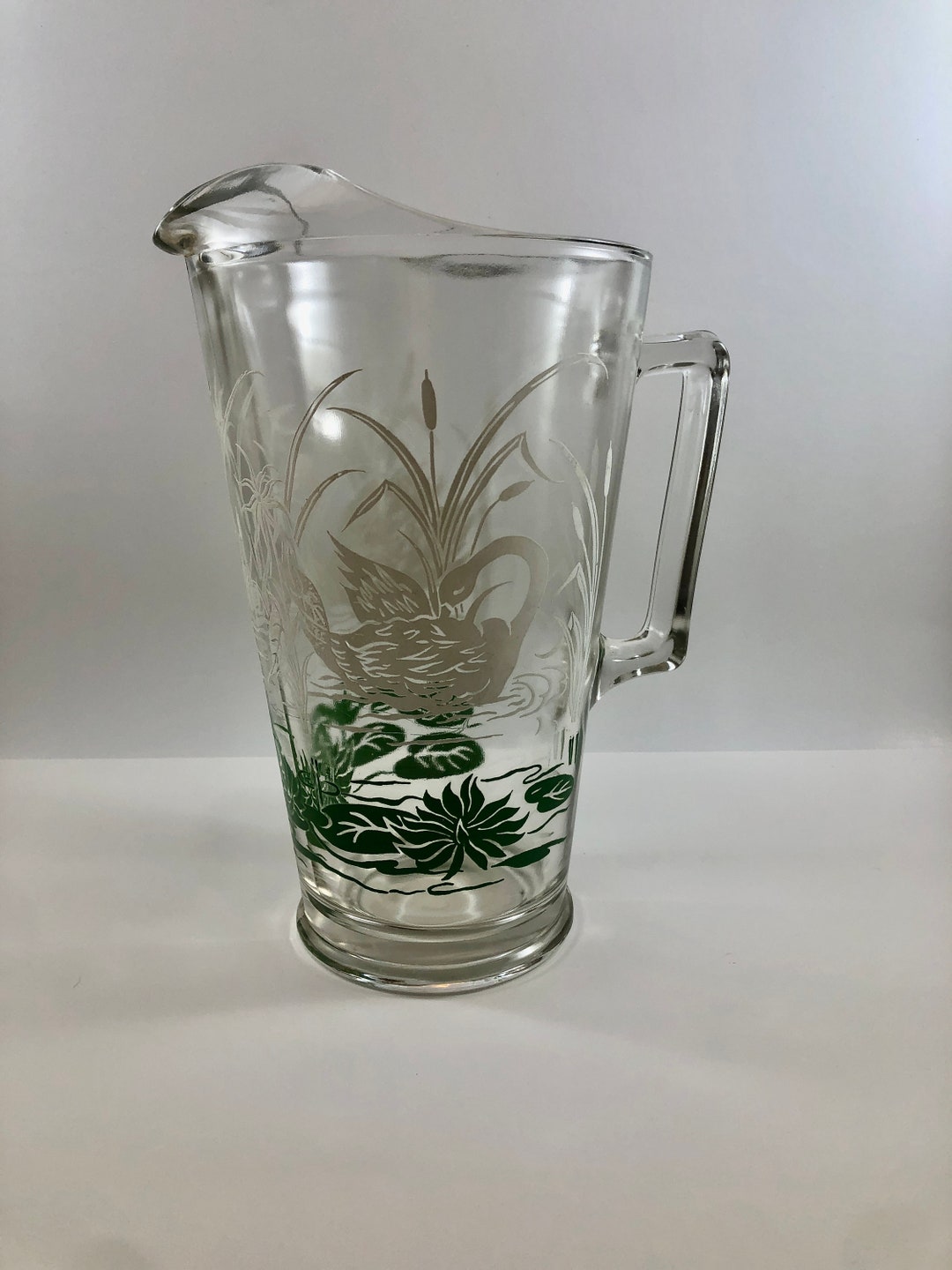MCM Glass Swan Cattails Lily Pads Pitcher Green and White - Etsy