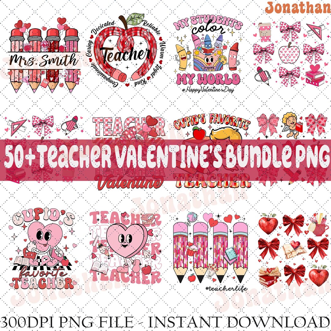 50 Teacher Valentine Bundle Png, Valentines Day Teacher Design, Retro ...