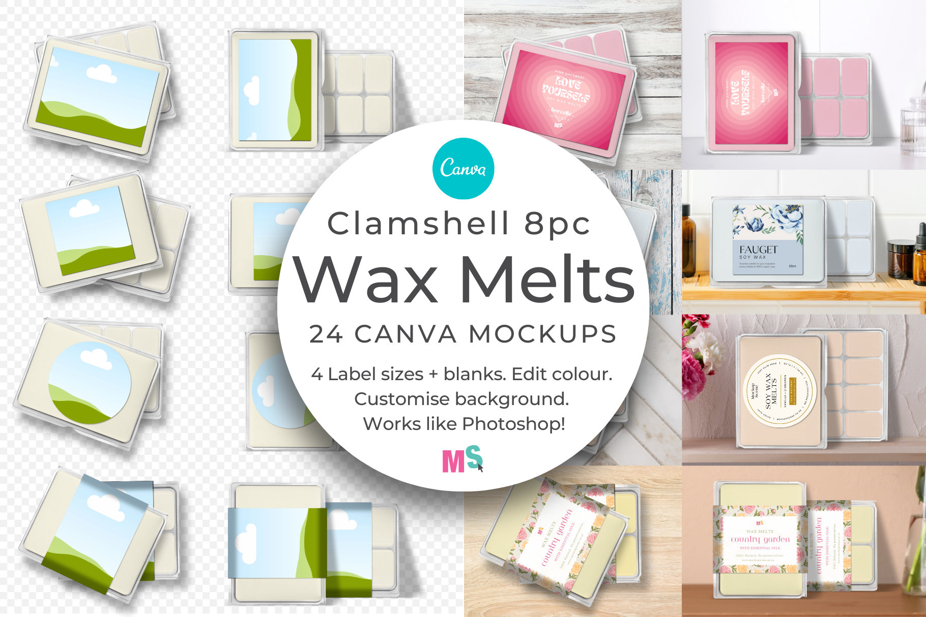 Wax Melts Mockup for Canva Label Soy Wax Tarts 8pc Clam Shell Snap Bars ...