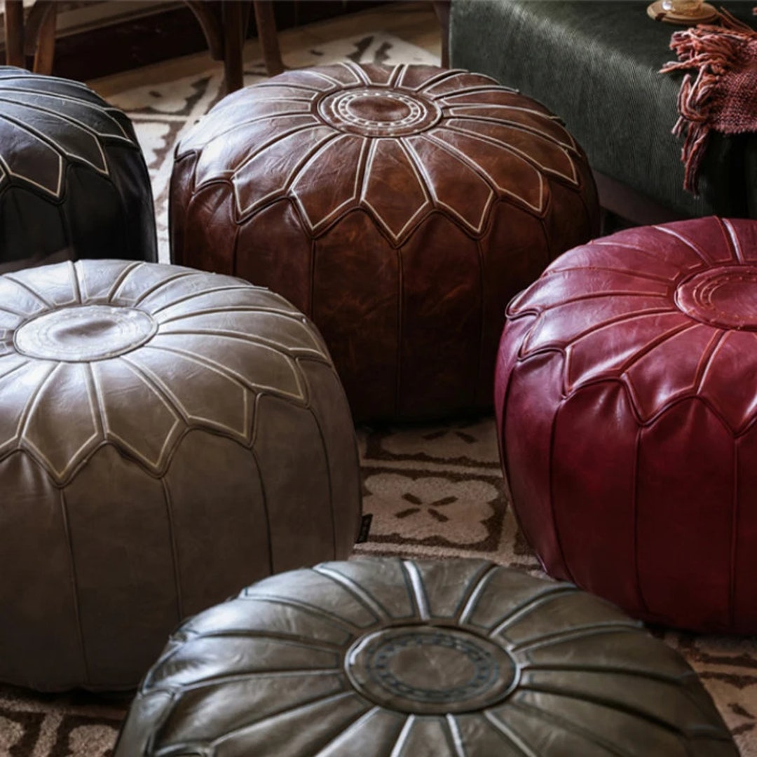 Boho Chic Moroccan Leather Pouf Ottoman Embroidered Craft, Large Round ...