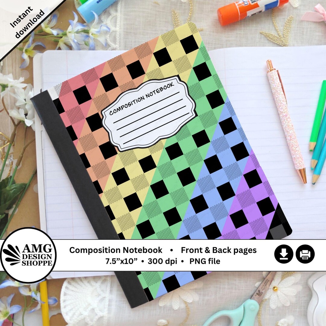 Rainbow Checkerboard Composition Notebook Cover: Printable Sticker PNG ...